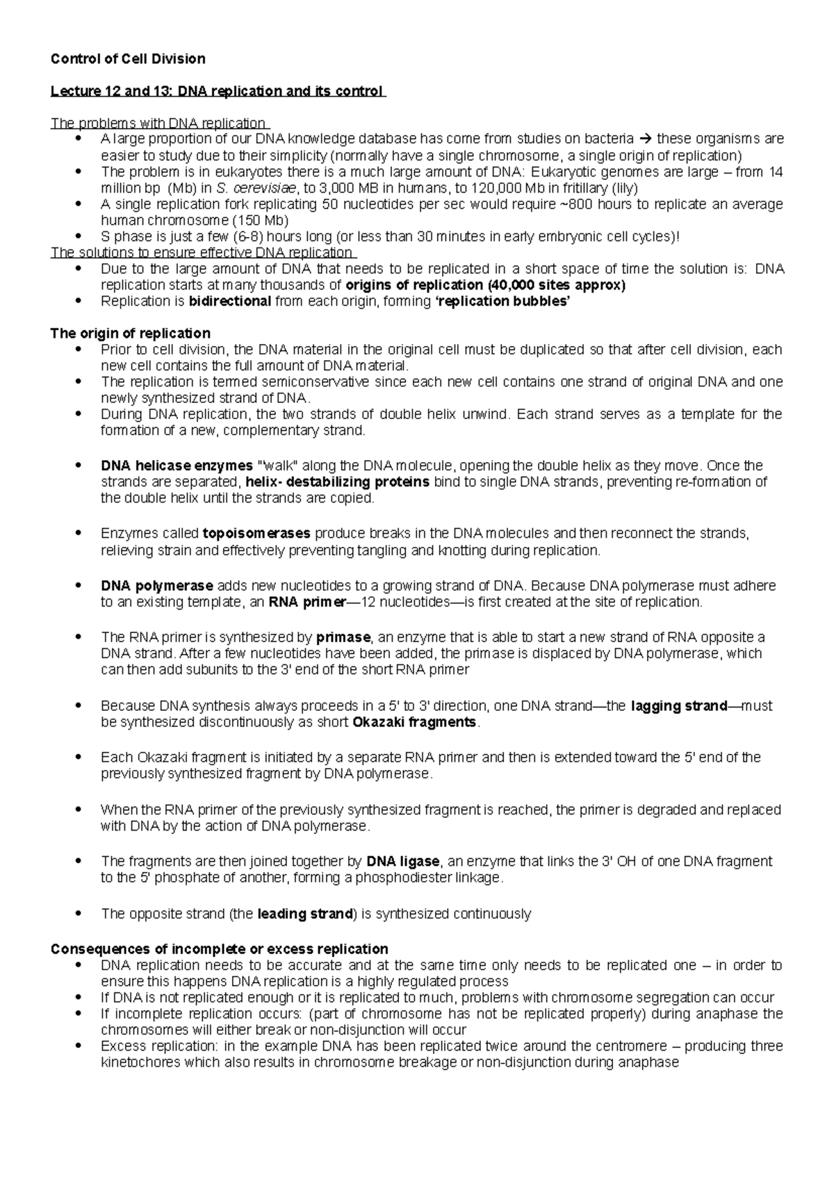 Cocd Lectures 12 and 13 - Control of Cell Division Lecture 12 and 13 ...