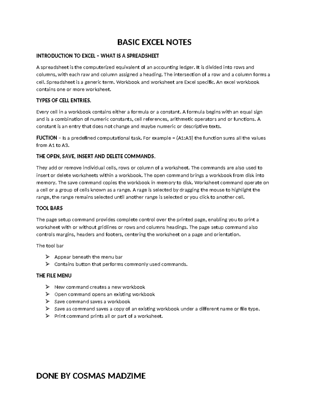 Excel Plan of work - i need studying materials - BASIC EXCEL NOTES ...
