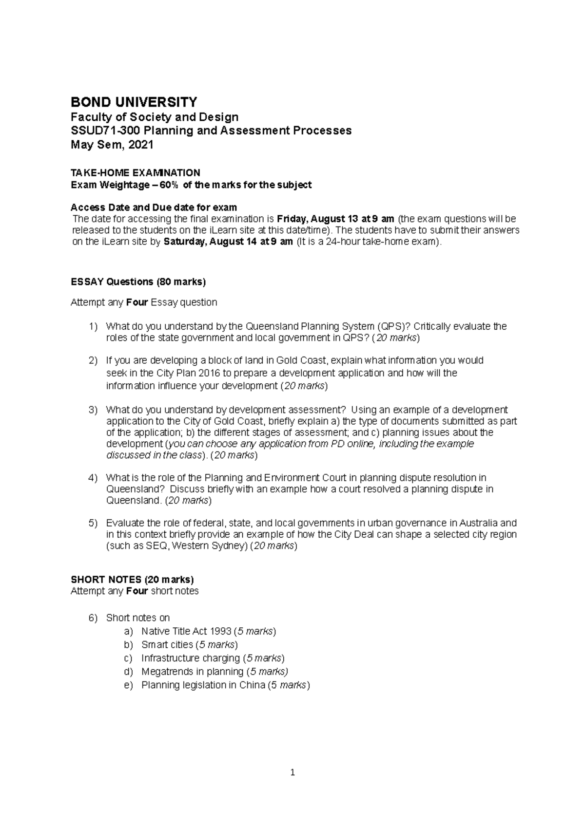 Exam Questions for SSUD71-300 - BOND UNIVERSITY Faculty of Society and ...
