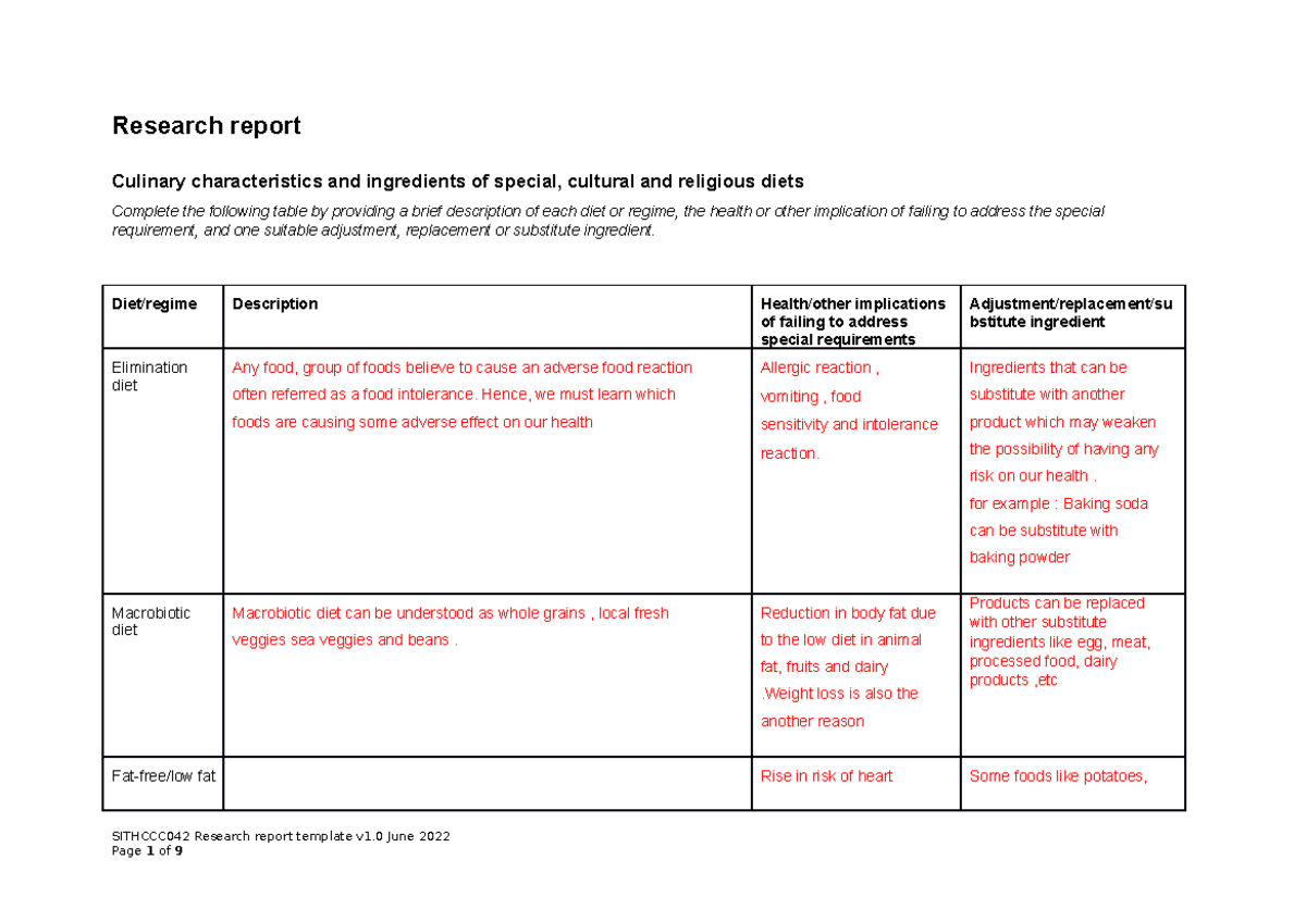 Research Report Template - Research report Culinary characteristics and ...