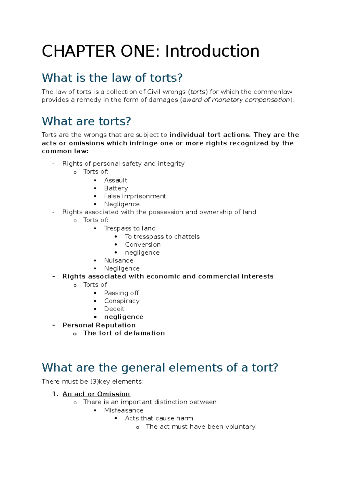 Chapter 1 & 8 - Summary Australian Torts Law - CHAPTER ONE ...