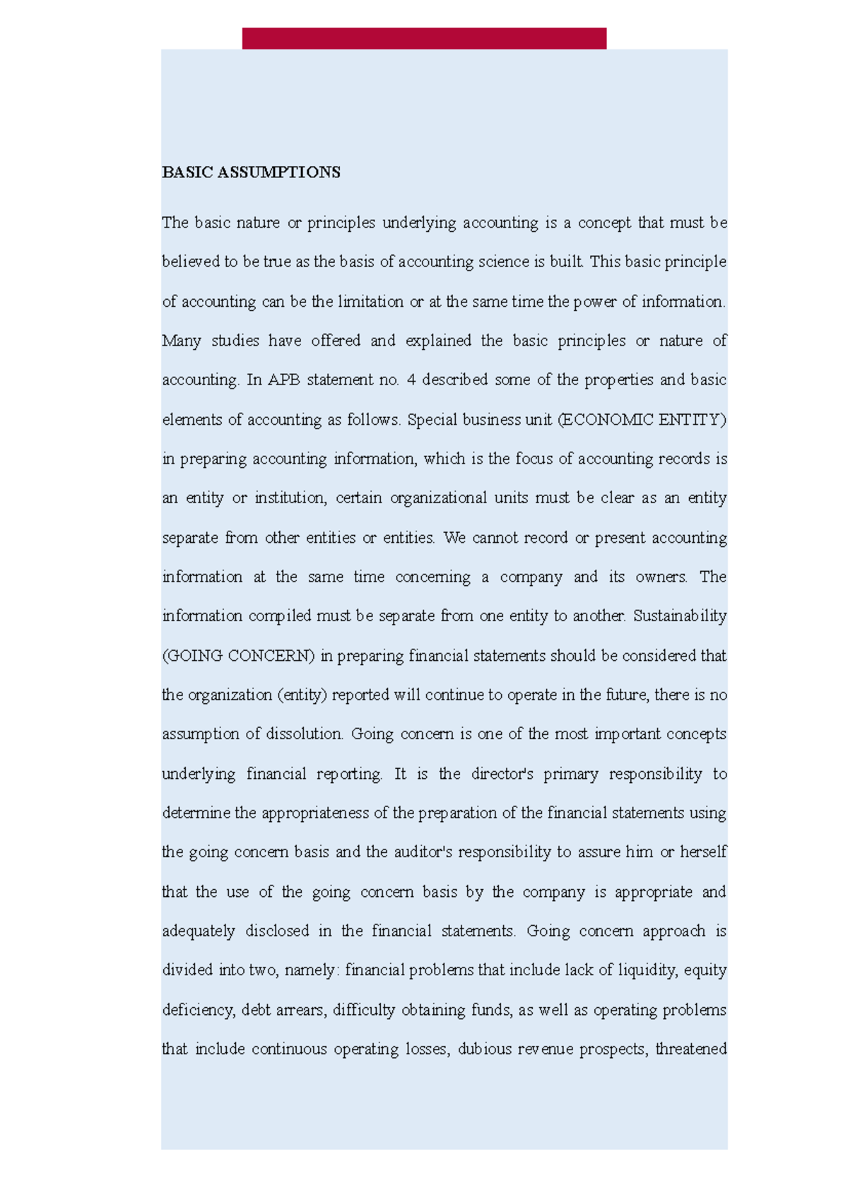 Notes Accounting - Basic Assumptions - BASIC ASSUMPTIONS The basic ...