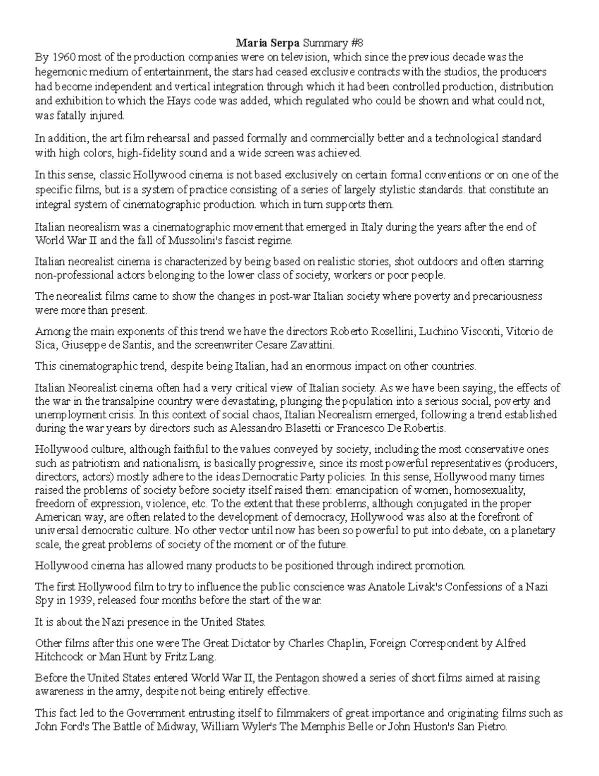 Summary 8 - Lecture notes about how cine changed social perspectives ...