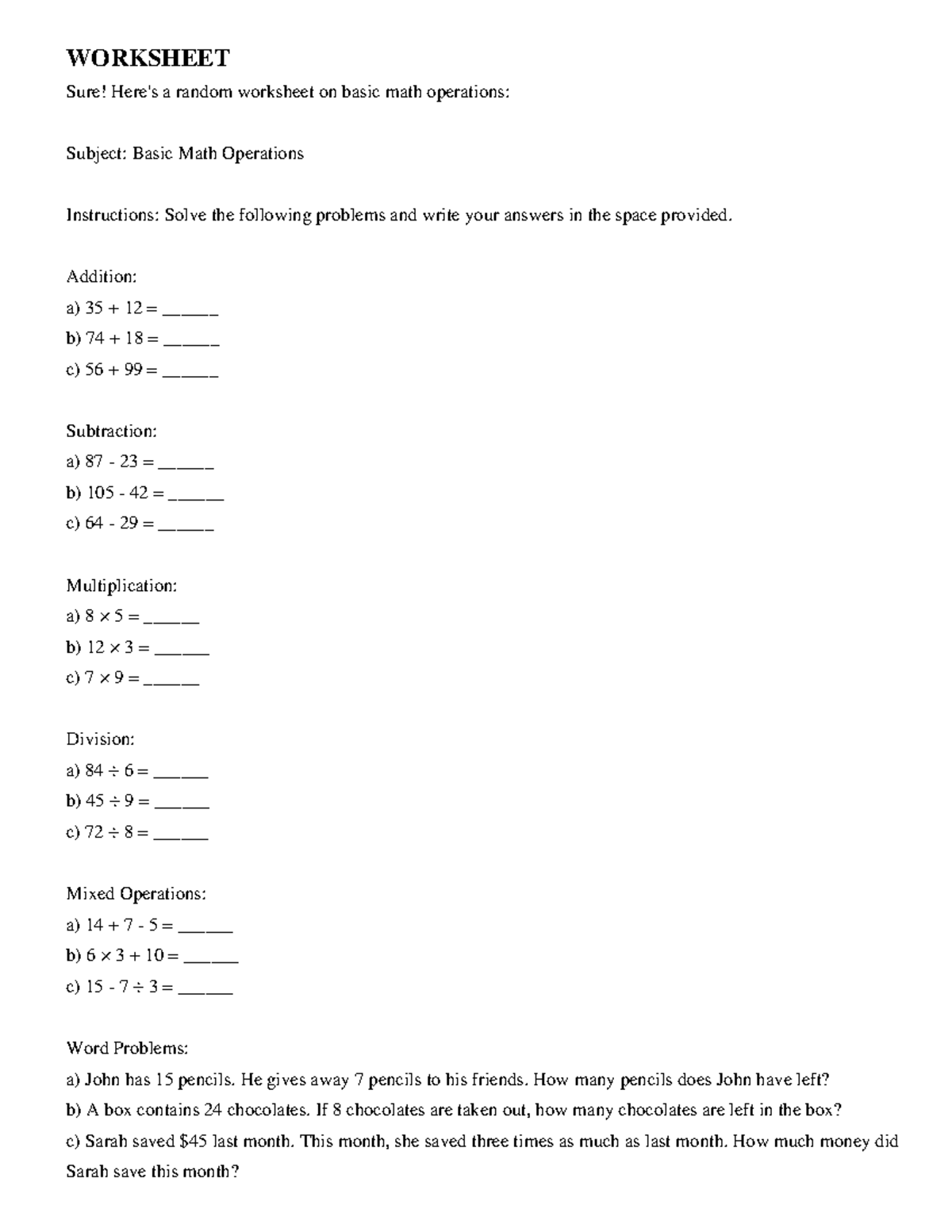 Mypdf - fdsfdsafds - WORKSHEET Sure! Here's a random worksheet on basic ...