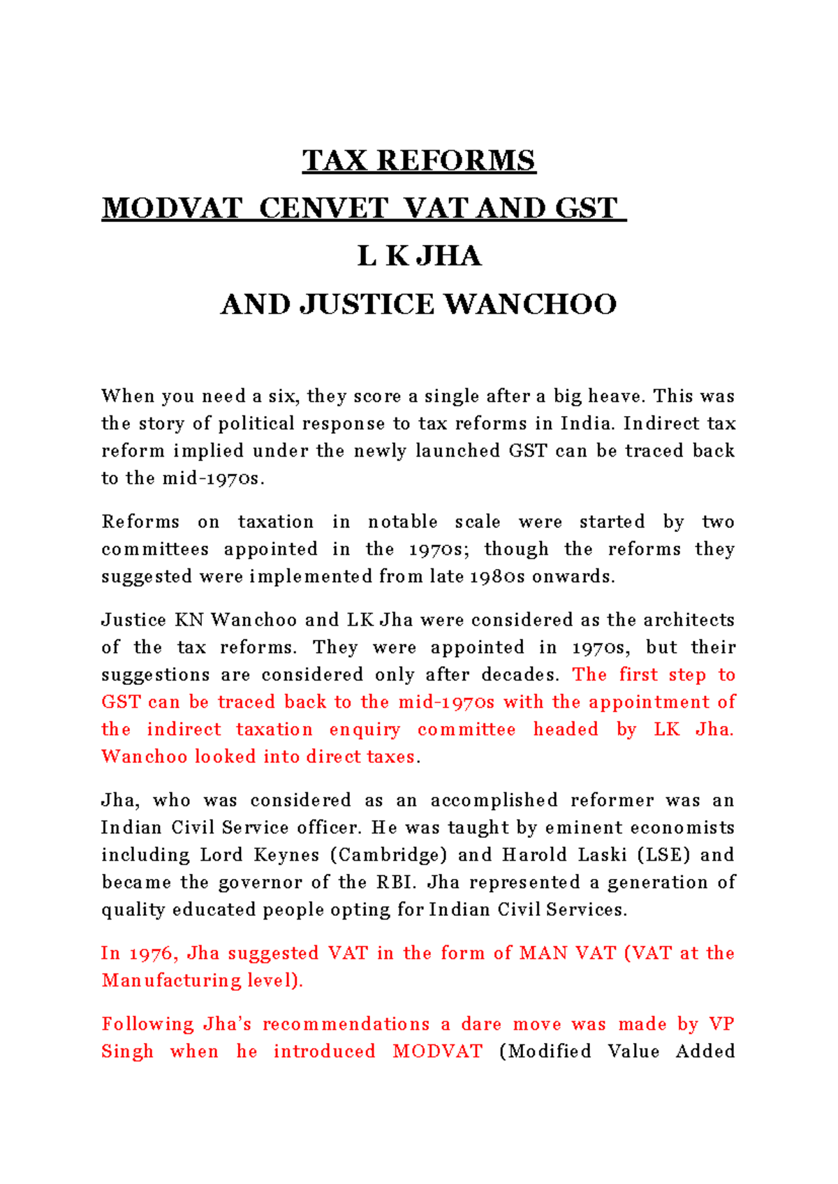 B - L K Jha Jts. Wanchoo Tax Reform - TAX REFORMS MODVAT CENVET VAT AND ...