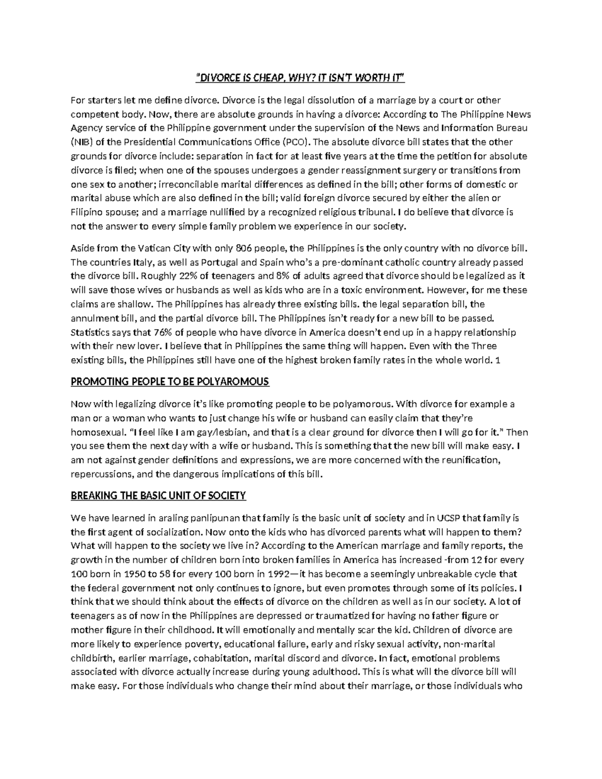 Position paper 2 - “DIVORCE IS CHEAP, WHY? IT ISN’T WORTH IT” For ...