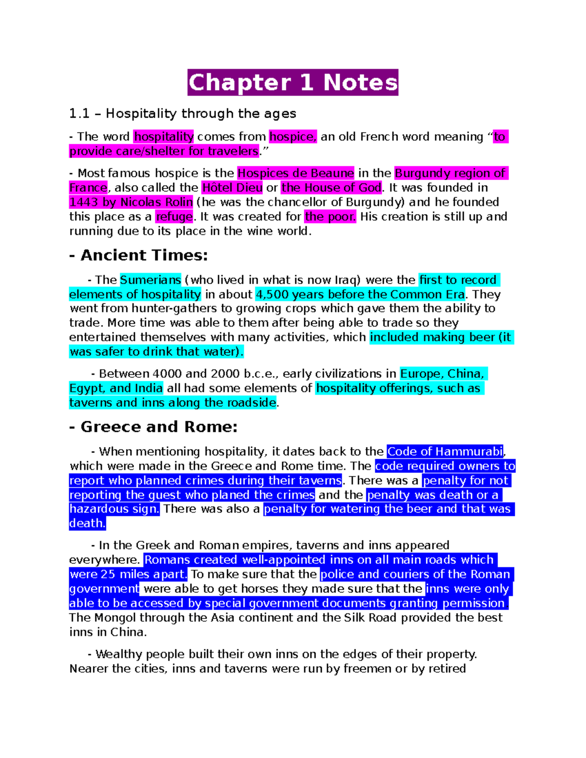 Chapter 1 Notes - Chapter 1 Notes 1 – Hospitality through the ages The ...