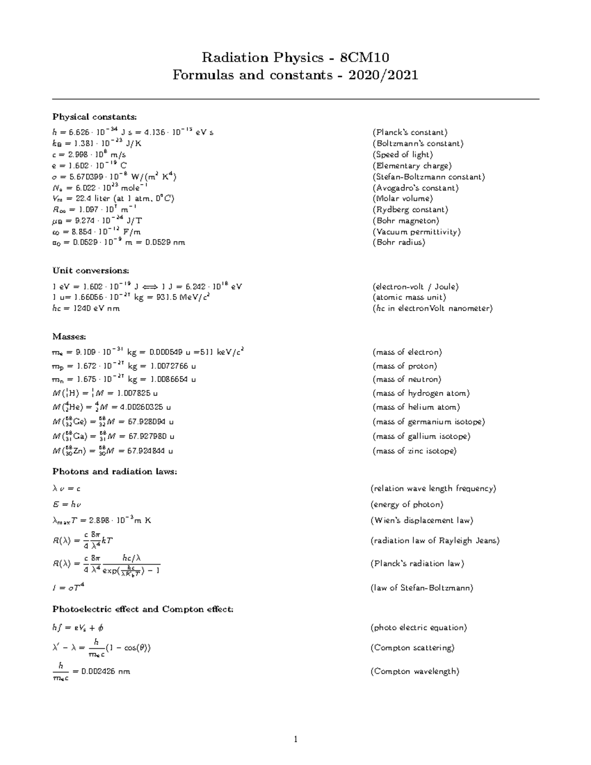 Formula Sheet 2021 - Formuleblad - Radiation Physics - 8CM Formulas and ...
