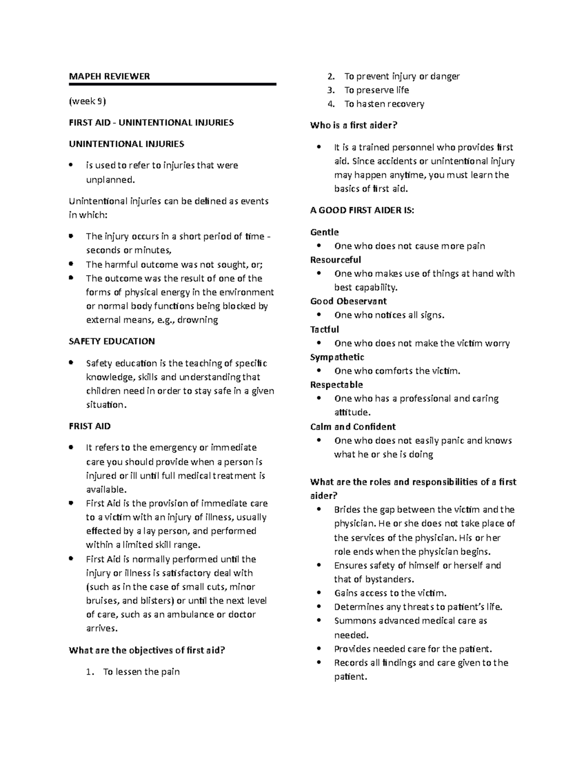 Mapeh- First AID - MAPEH REVIEWER (week 9) FIRST AID - UNINTENTIONAL ...