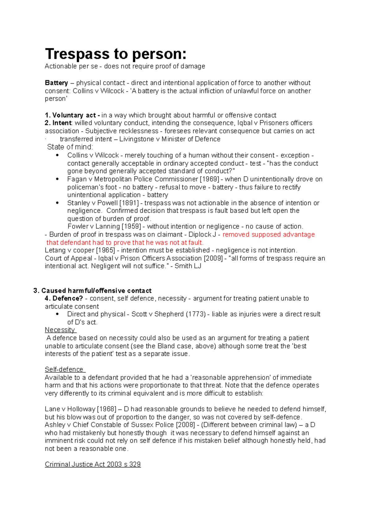 Trespass to person - Trespass to person: Actionable per se - does not ...