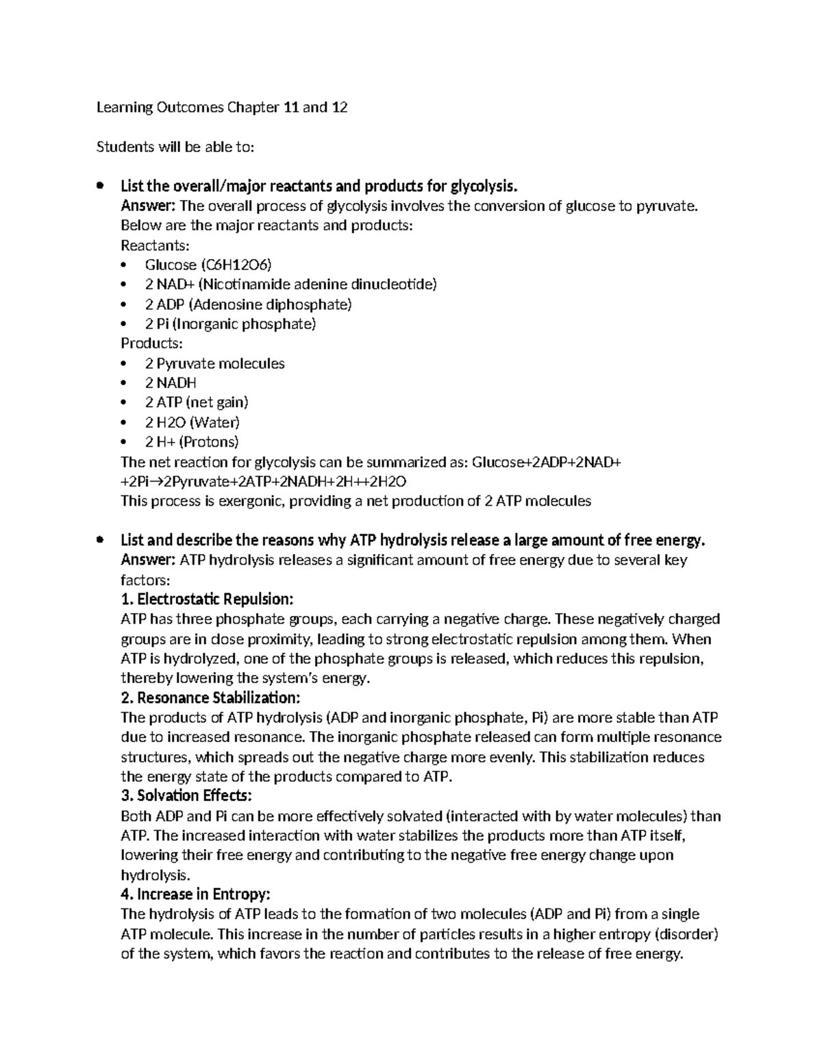 Chpt 11 12 biochem - Studying for exam - Learning Outcomes Chapter 11 ...