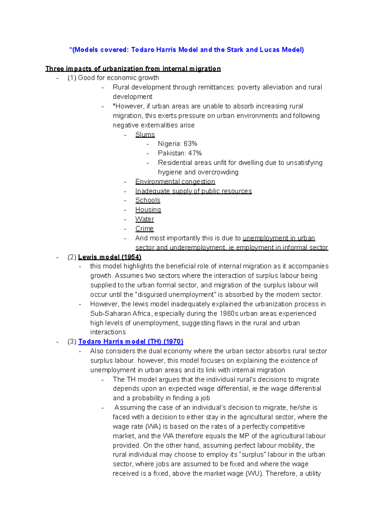 Development Economics: Migration - *(Models covered: Todaro Harris ...