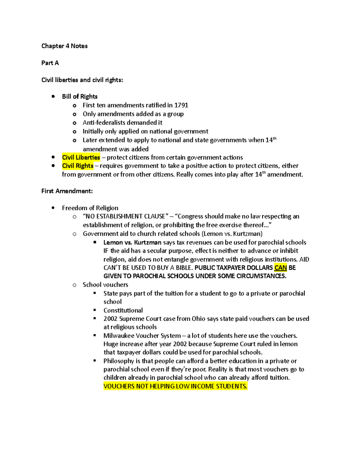 Chapter 4 Notes - Chapter 4 Notes Part A Civil liberties and civil ...