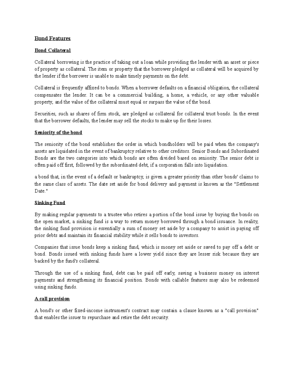 Lecture notes - Bonds - Bond Features Bond Collateral Collateral ...