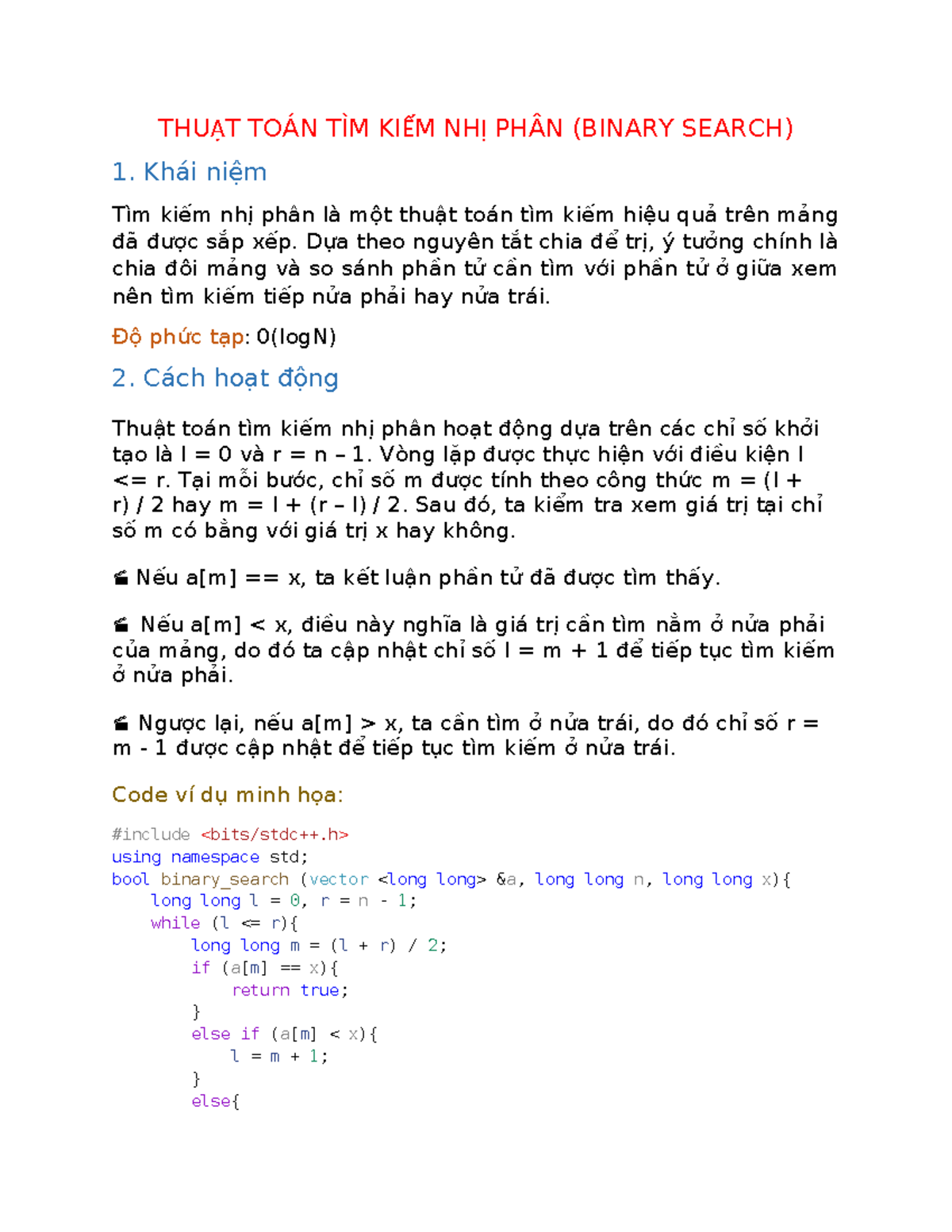 THUẬT TOÁN TÌM KIẾM NHỊ PHÂN - THUẬT TOÁN TÌM KIẾM NHỊ PHÂN (BINARY SEARCH) 1. Khái niệm Tìm ...