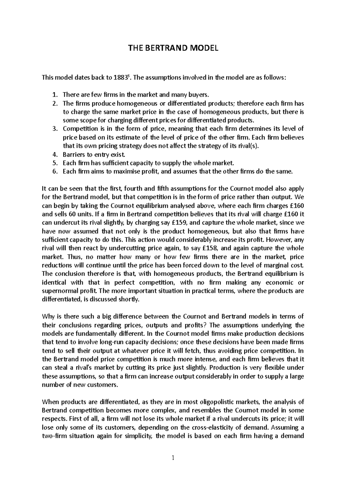 THE Bertrand Model - summary - THE BERTRAND MODEL This model dates back ...