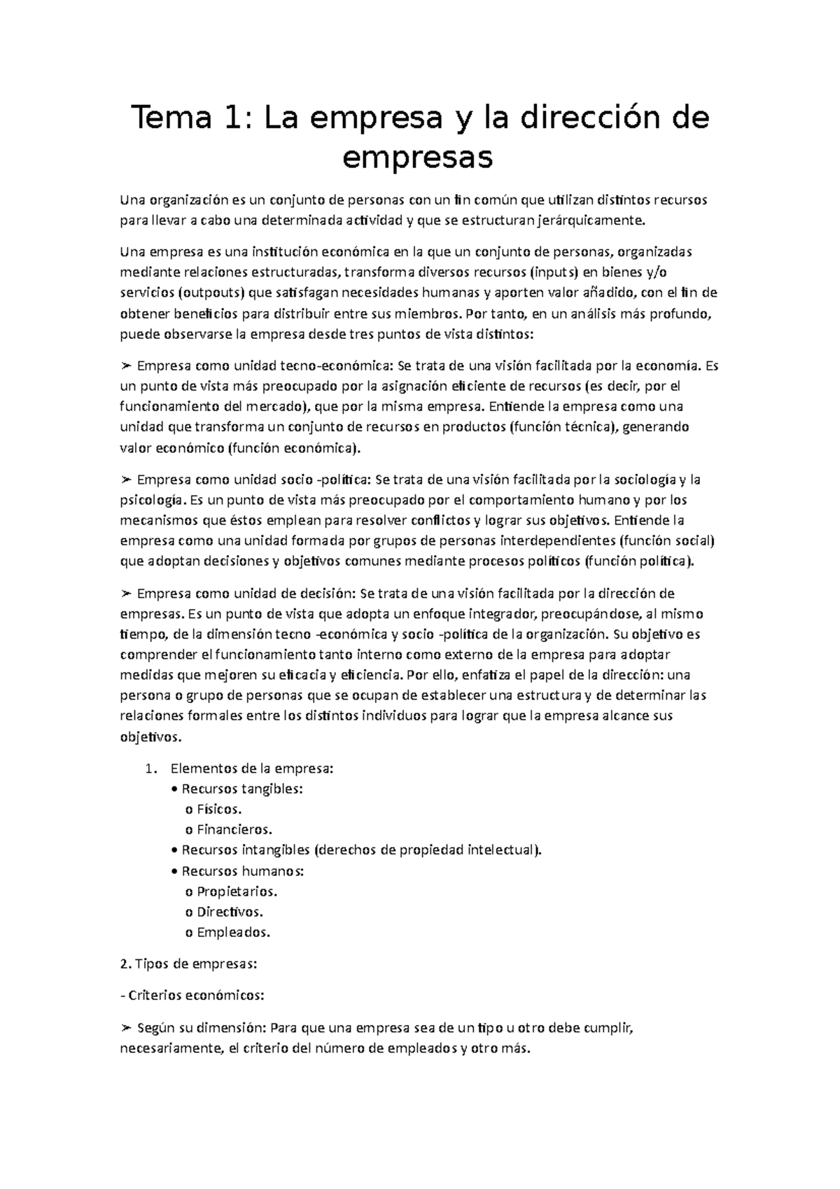 Resumen tema 1. La empresa y la dirección de empresas - Tema 1: La empresa y la dirección de ...