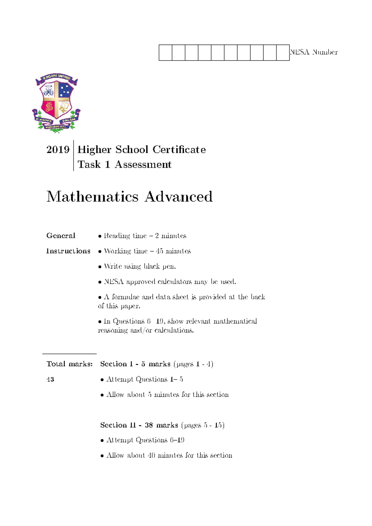 2019 - maths adv paper - NESA Number 2019 Higher School Certi cate Task ...