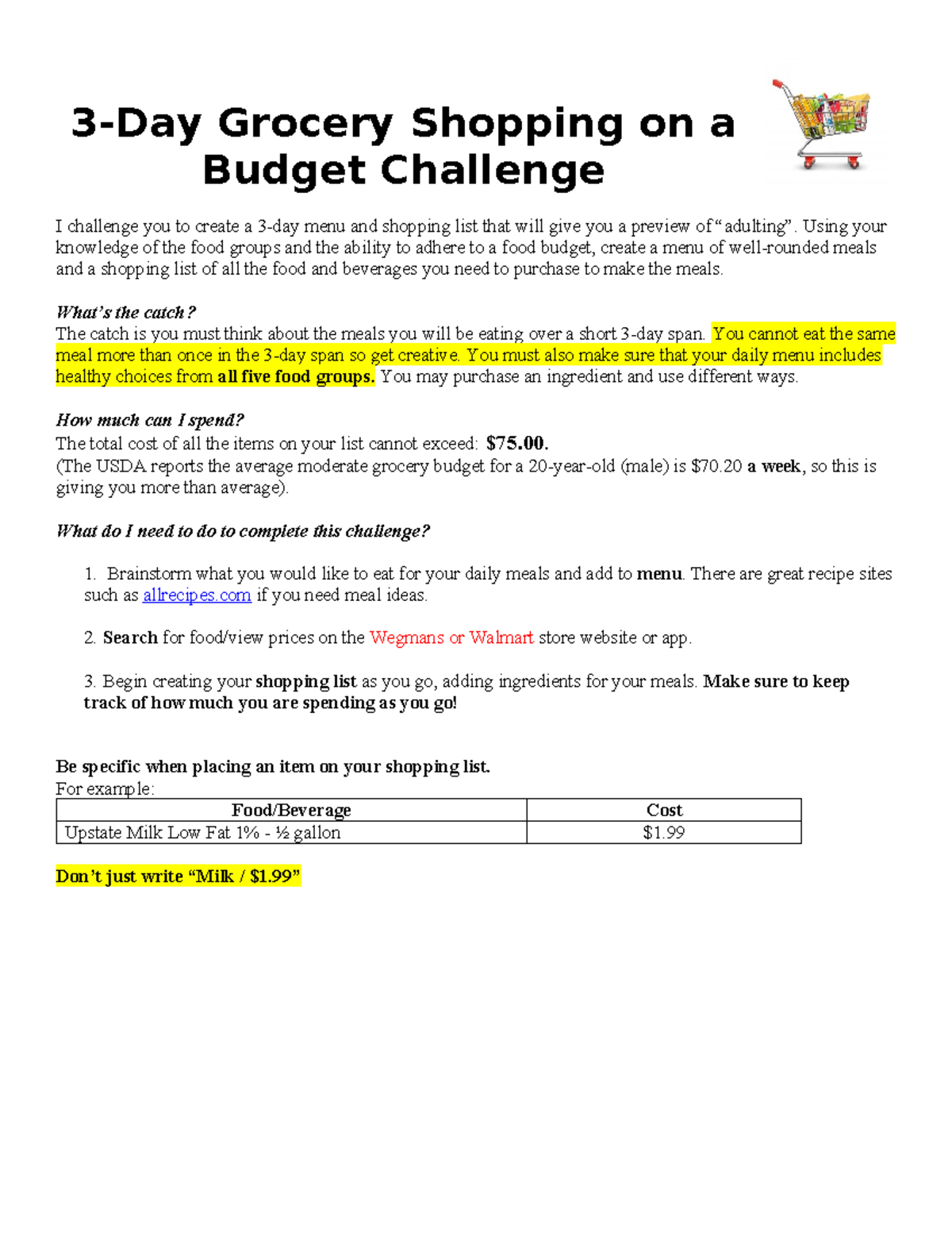 3 Day Meal Plan Assignment copy - 3-Day Grocery Shopping on a Budget ...