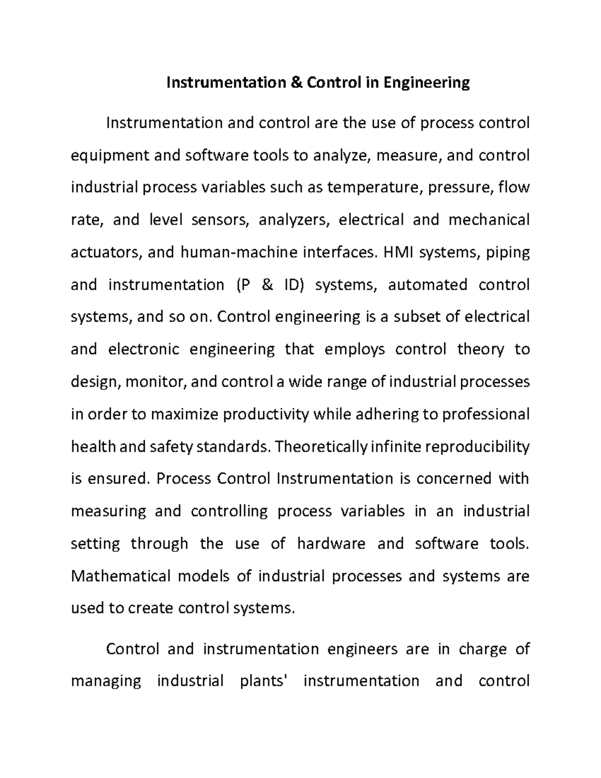 Instrumentation and Control in Engineering - Instrumentation & Control ...