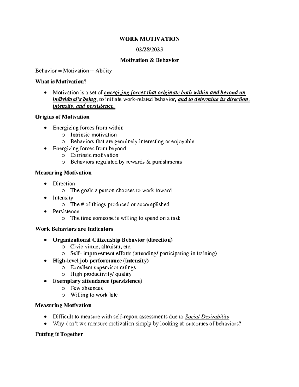 WORK Motivation PSY 34 - notes - WORK MOTIVATION 02/28/ Motivation ...