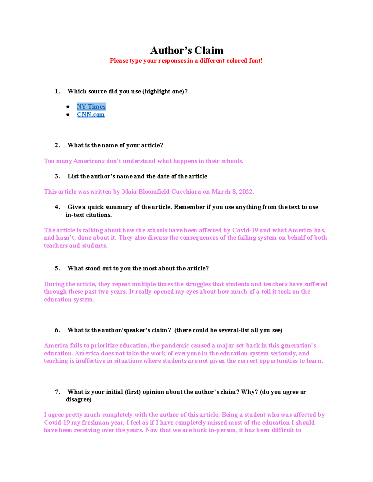 Authors Claim Homework - Author’s Claim Please type your responses in a ...
