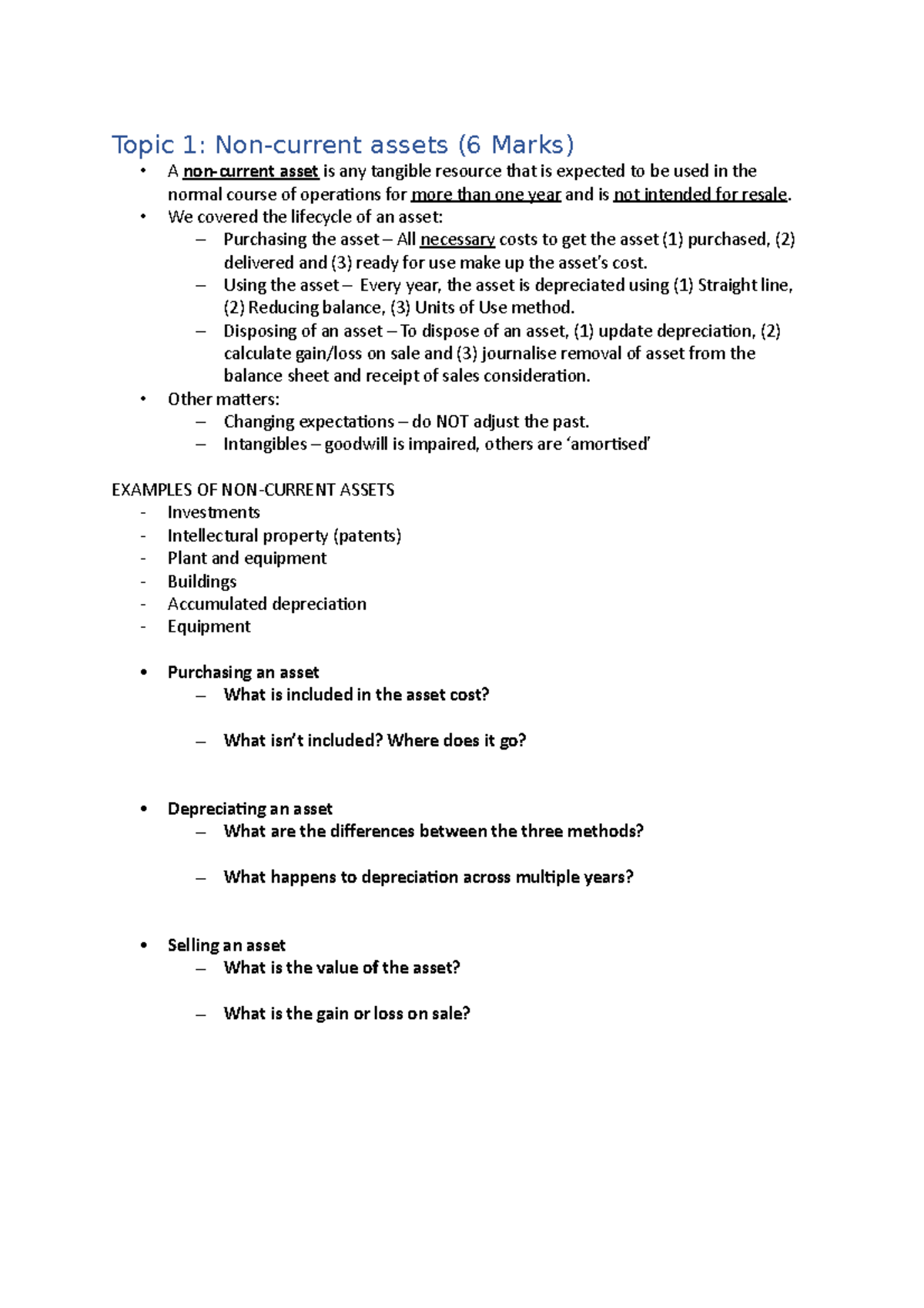 Accounting Notes Summary - Topic 1: Non-current assets (6 Marks) A non ...