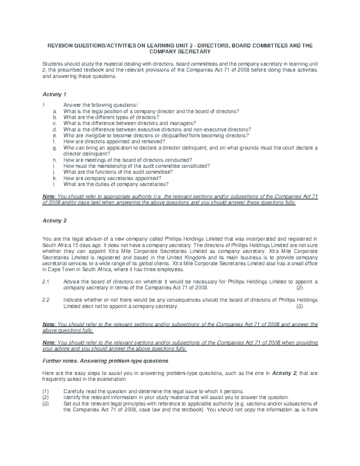 Revision Questionsactivities ON Learning UNIT 2 Directors, Board ...