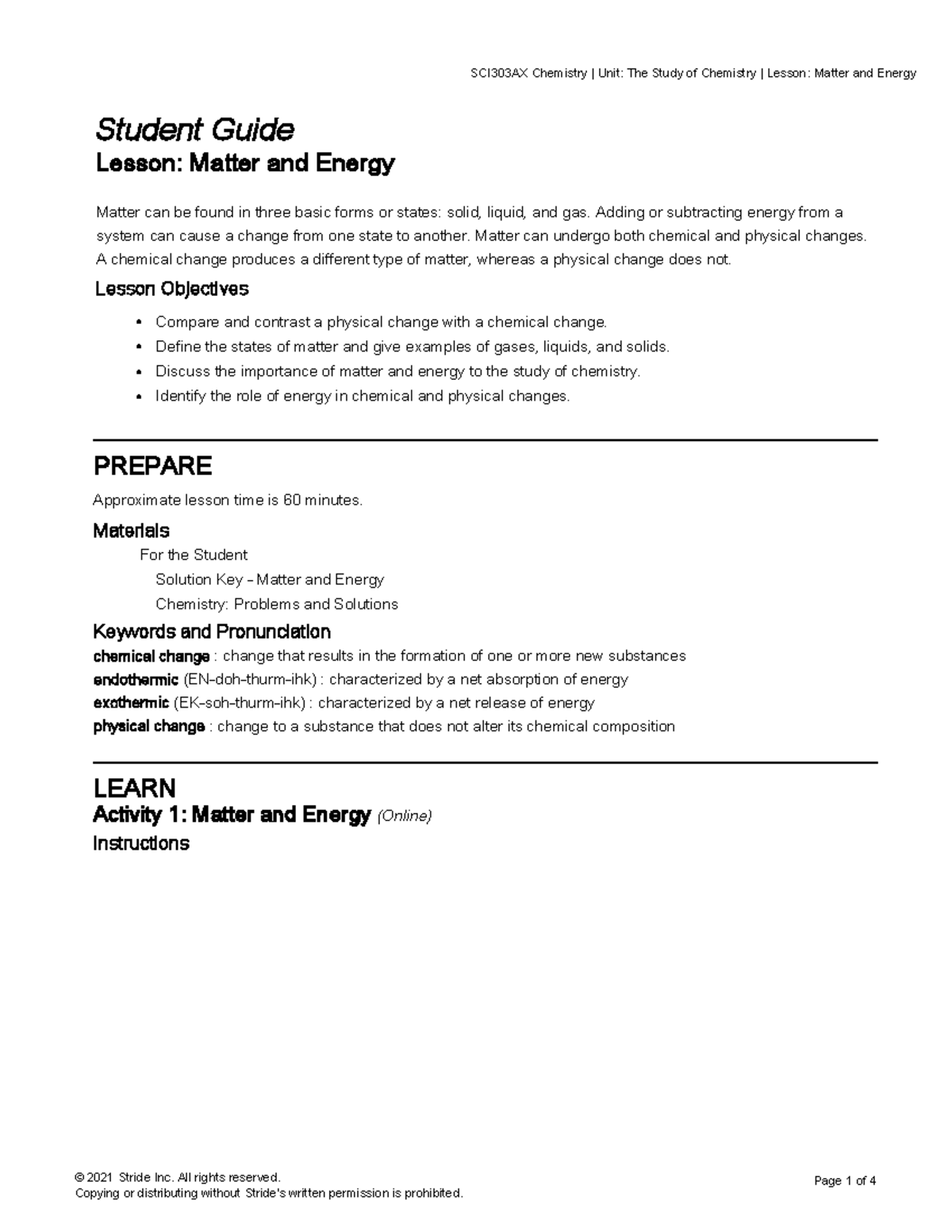 Matter and energy - Mattet and energry answers - Student Guide Lesson ...