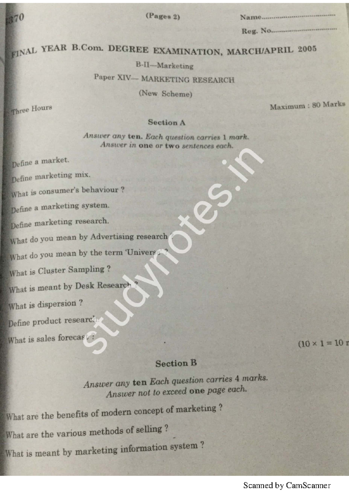 Bcom ii sem marketing 2005 previous question papers - Bachelor of ...