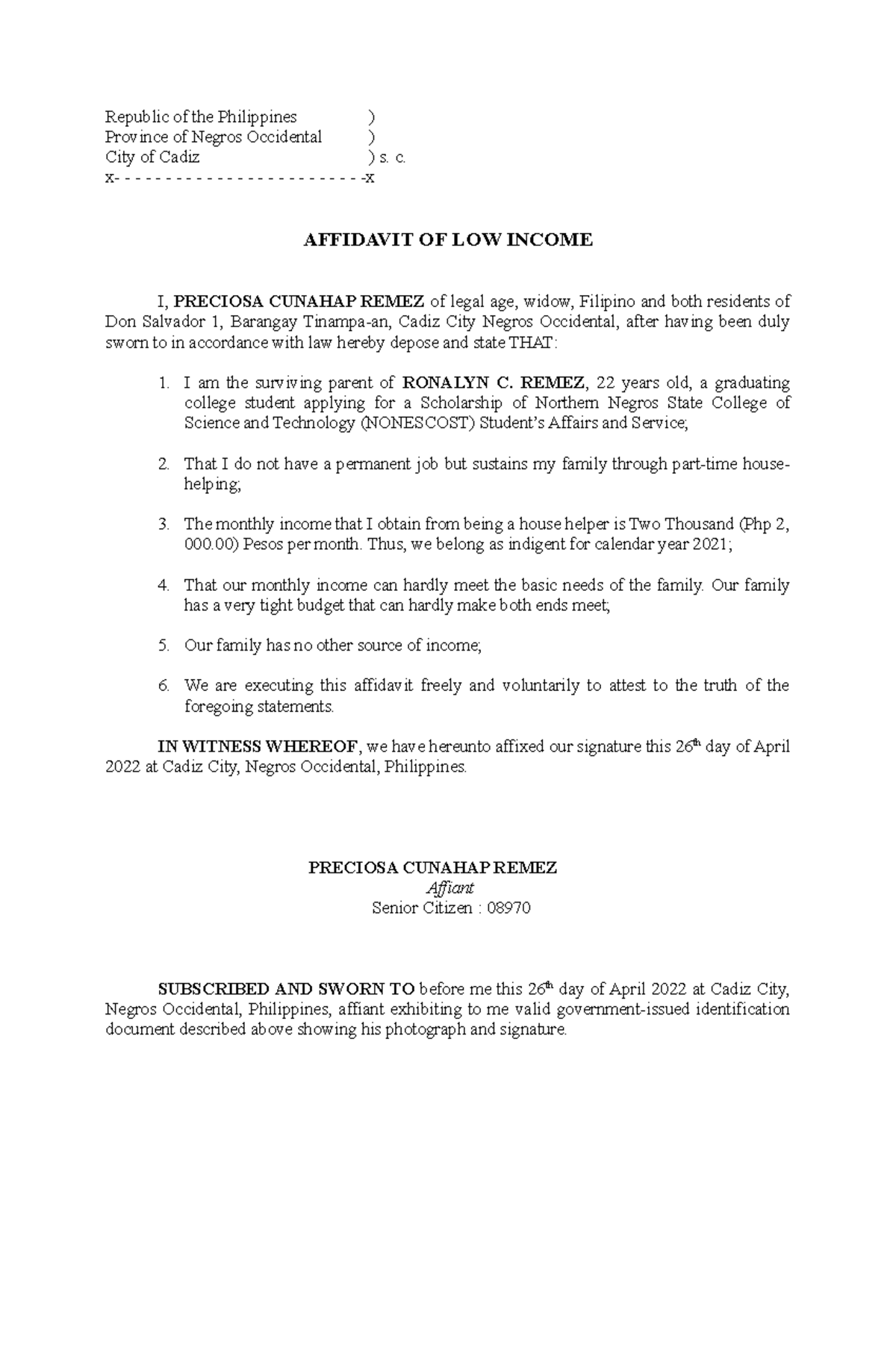 Preciosa Cunahap - The Affidavit is a practical example of legal ...