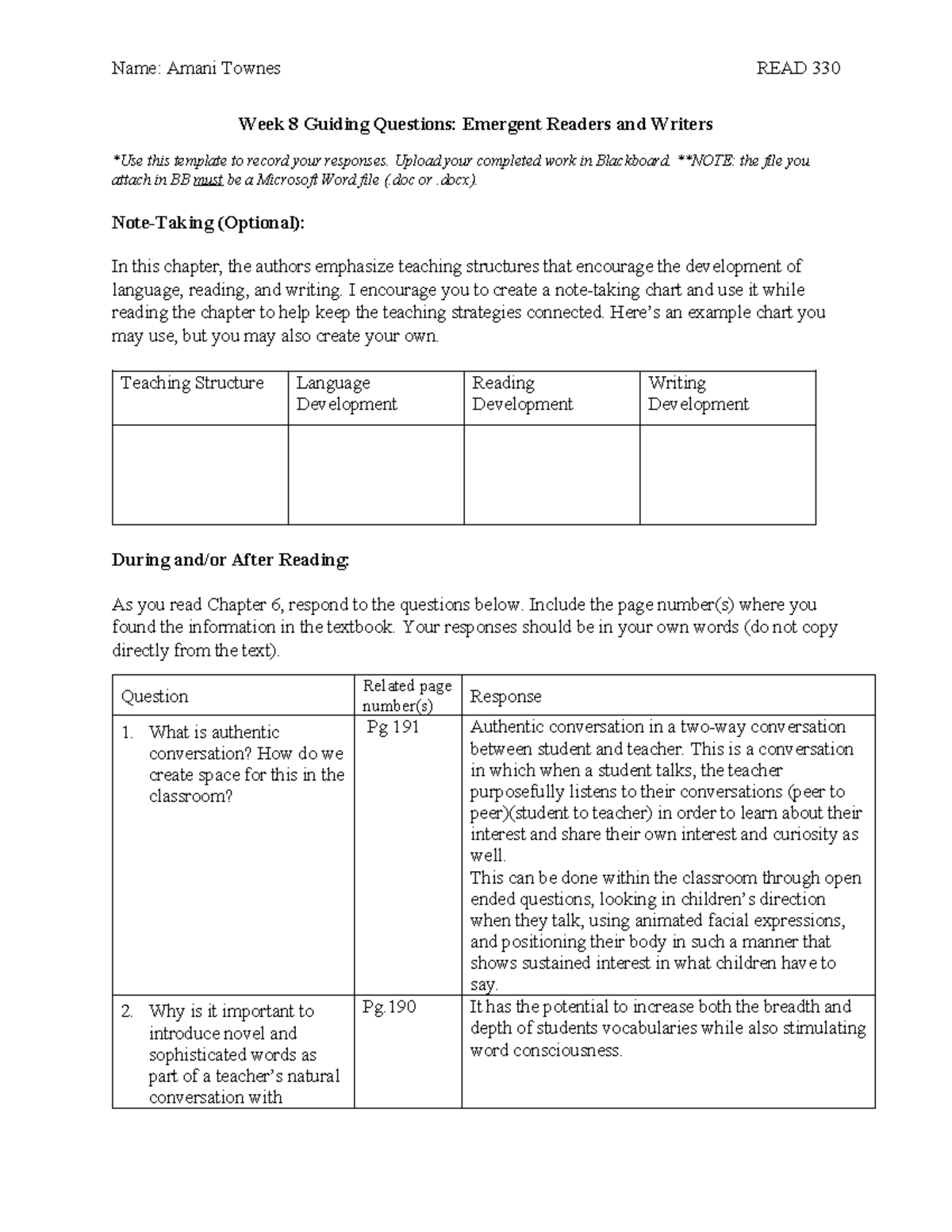 Guiding+Questions+4 Emergent+Readers+and+Writers - Name: Amani Townes ...