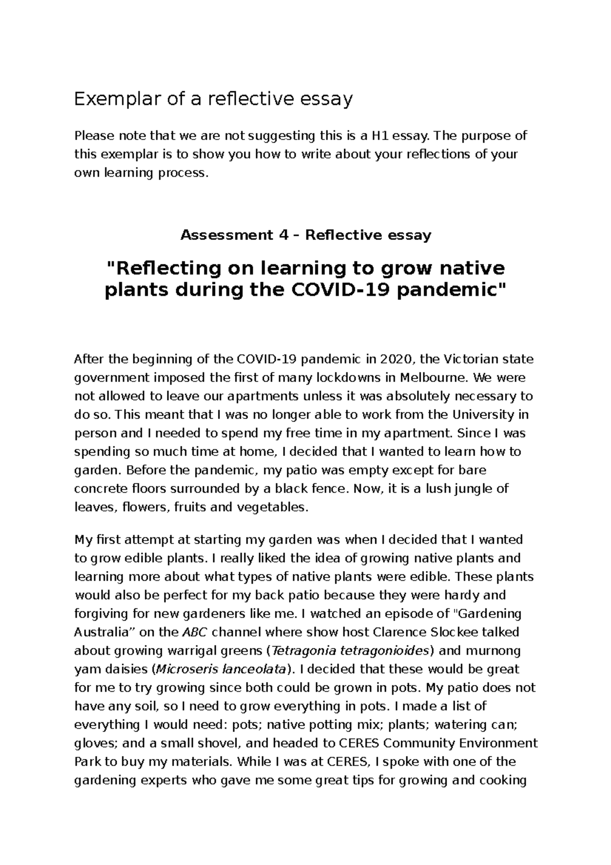 CMCE10001 assessment 4 examples essay - Exemplar of a reflective essay ...