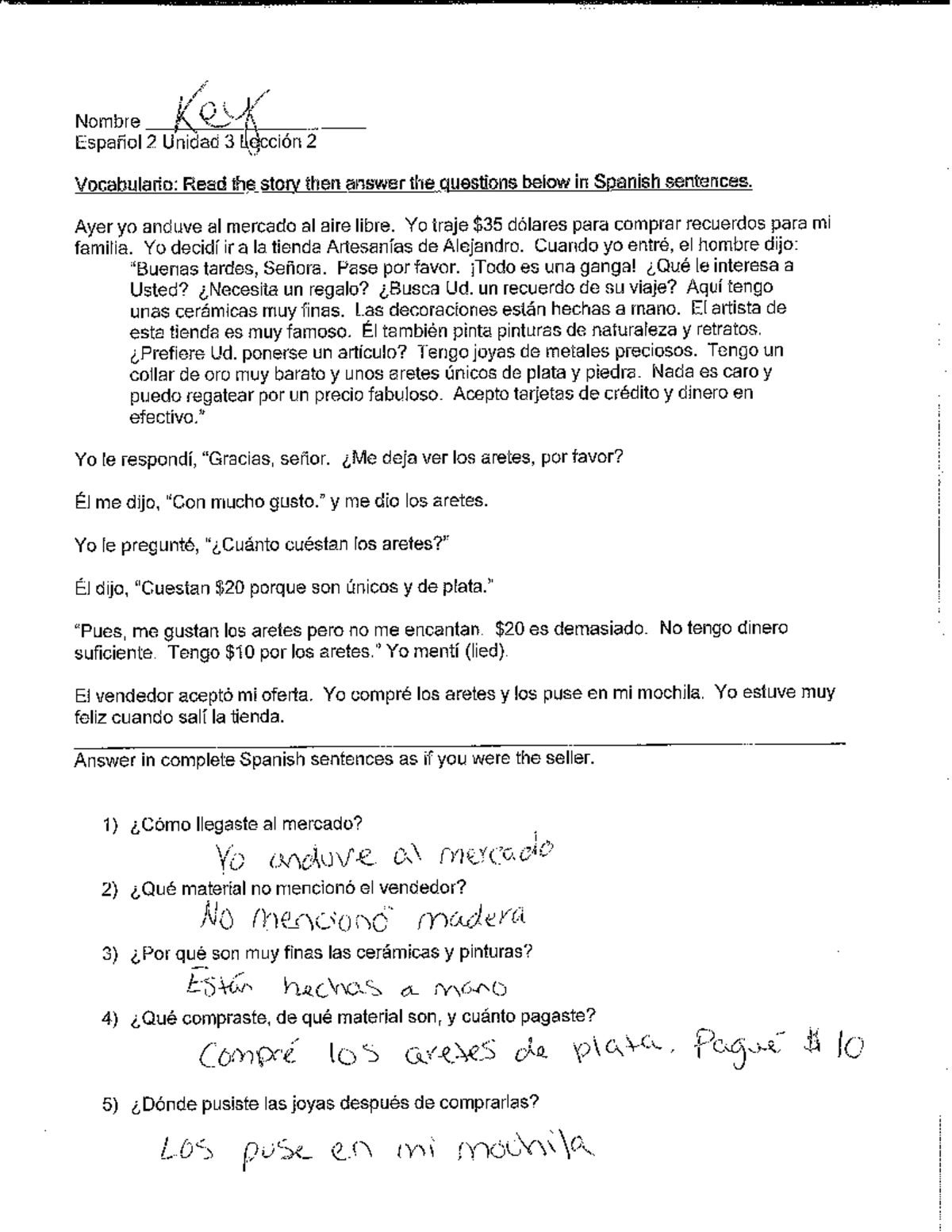 Test review answers - Nombre 2 Unidad Key 3 Español Lección 2 ...