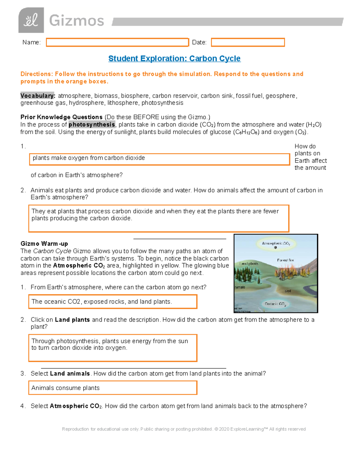 Copy of Carbon Cycle Worksheet Part A - Name: Date: Student Exploration ...
