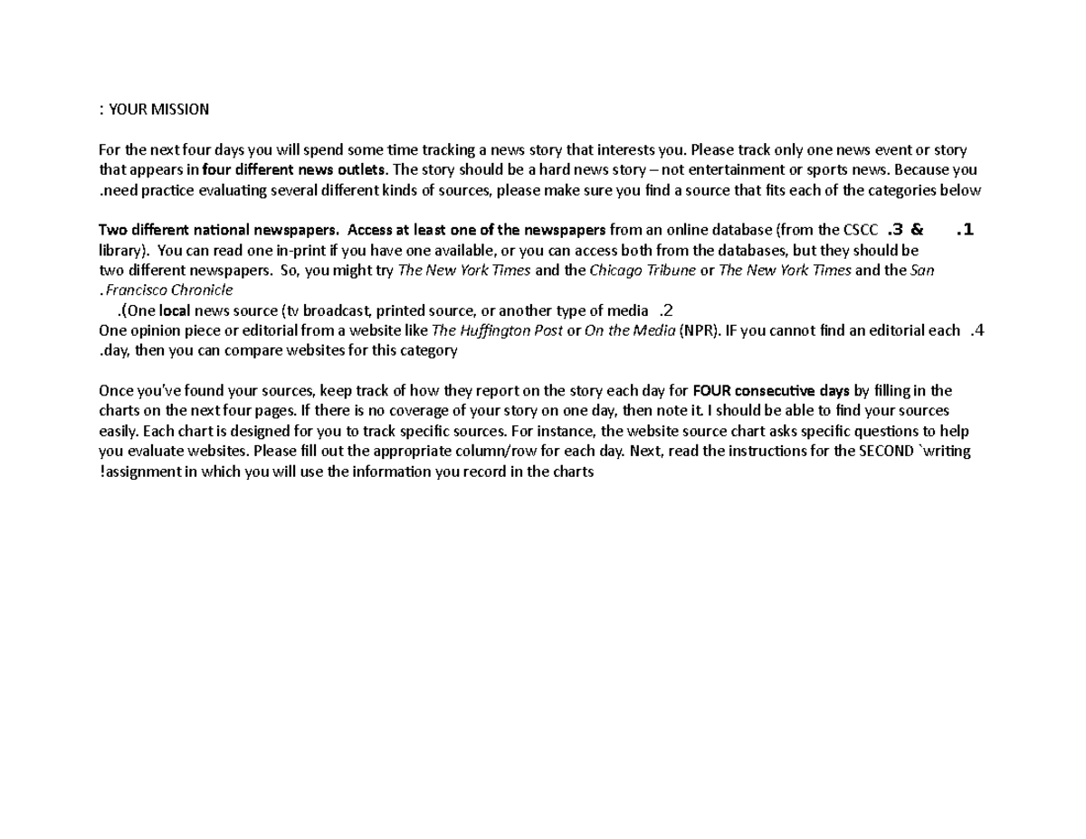 Source Tracking Chart - ESSAY For Midterm - :YOUR MISSION For the next ...