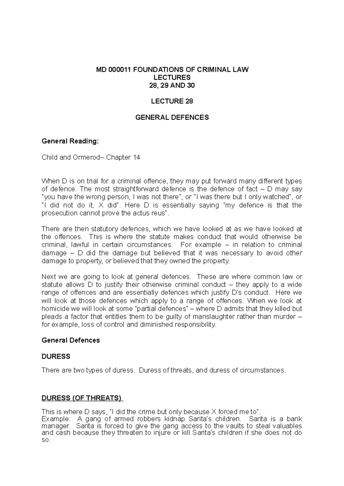 Week ten 28,29,30-3 - General Defence - MD 000011 FOUNDATIONS OF ...