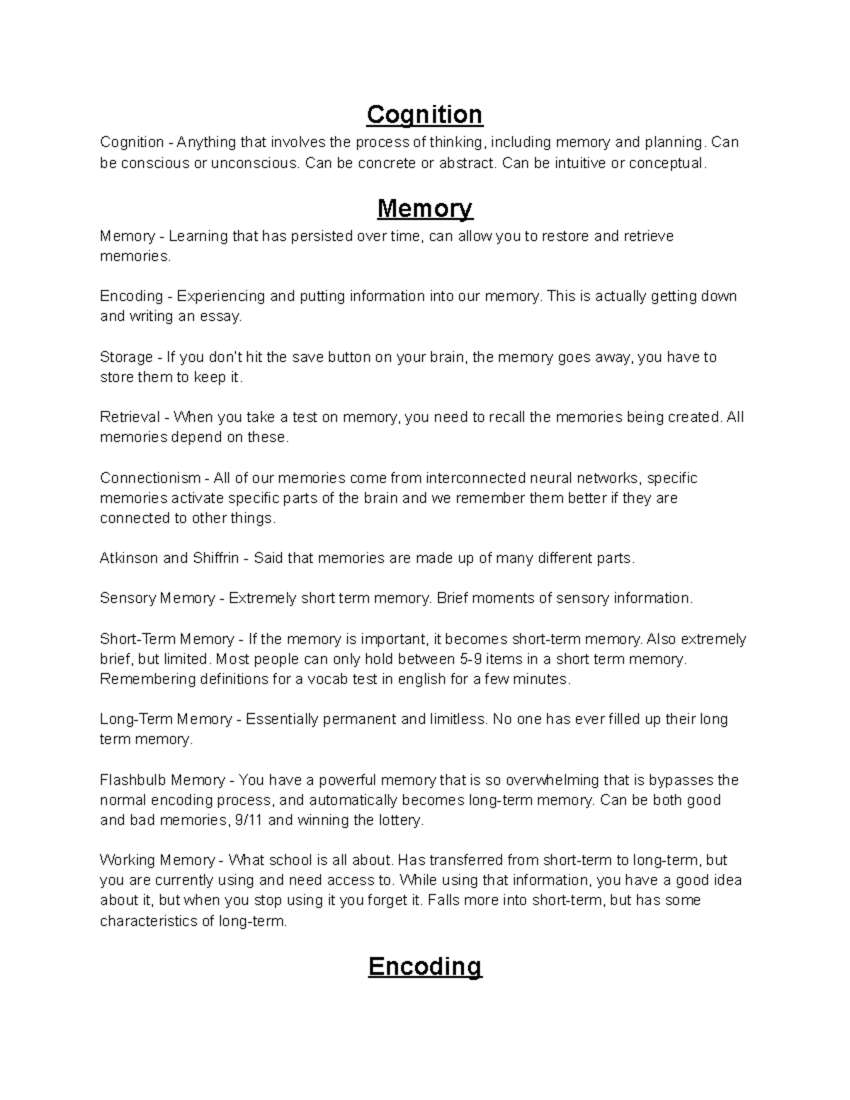 6 Memory, lecture 6 notes - Cognition Cognition - Anything that ...