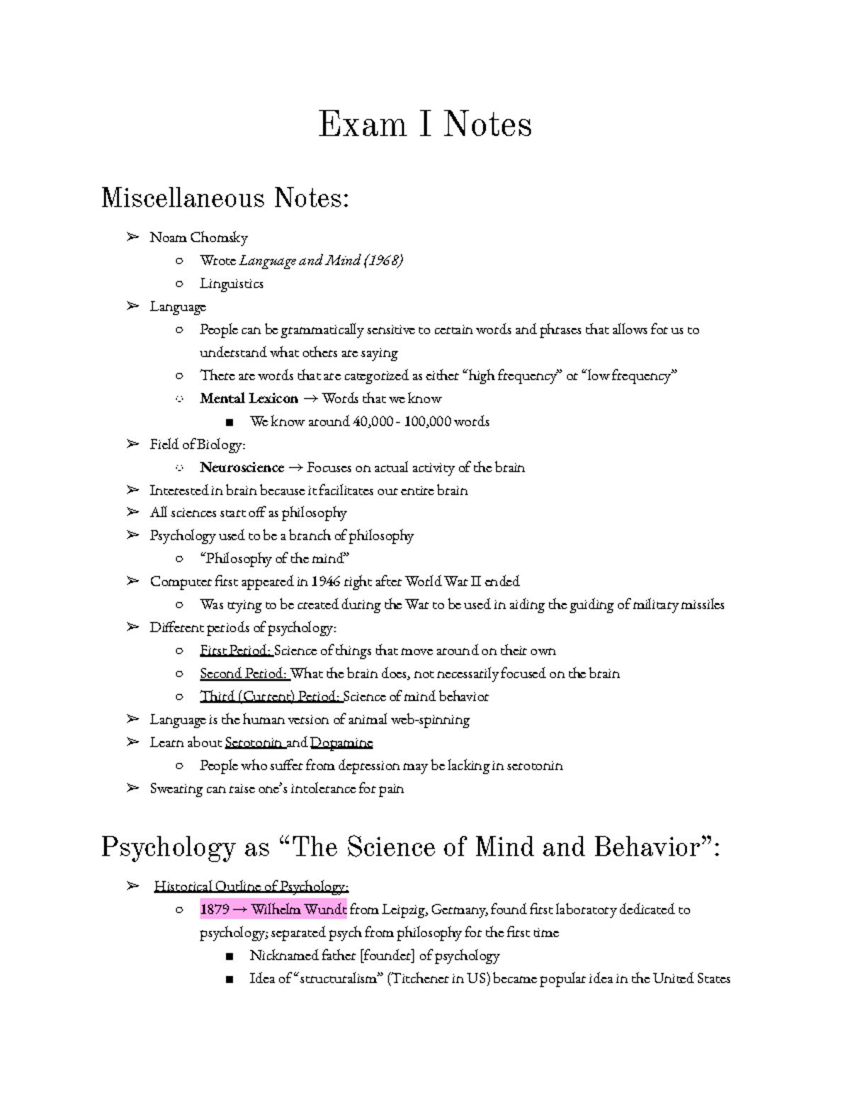 Psych 1100 Exam I Notes - Exam I Notes Miscellaneous Notes: Noam ...