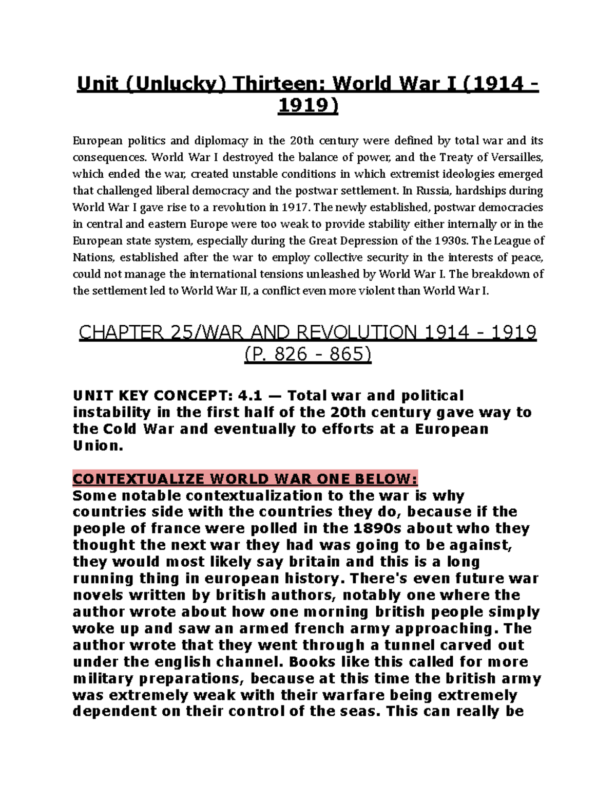Unit 13 - ww1 outline - Unit (Unlucky) Thirteen: World War I (1914 ...