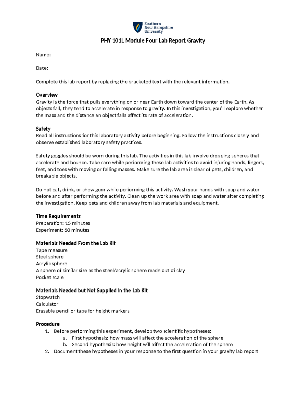 PHY 101L Module Four Lab Report Outline: Gravity - PHY 101L Module Four ...