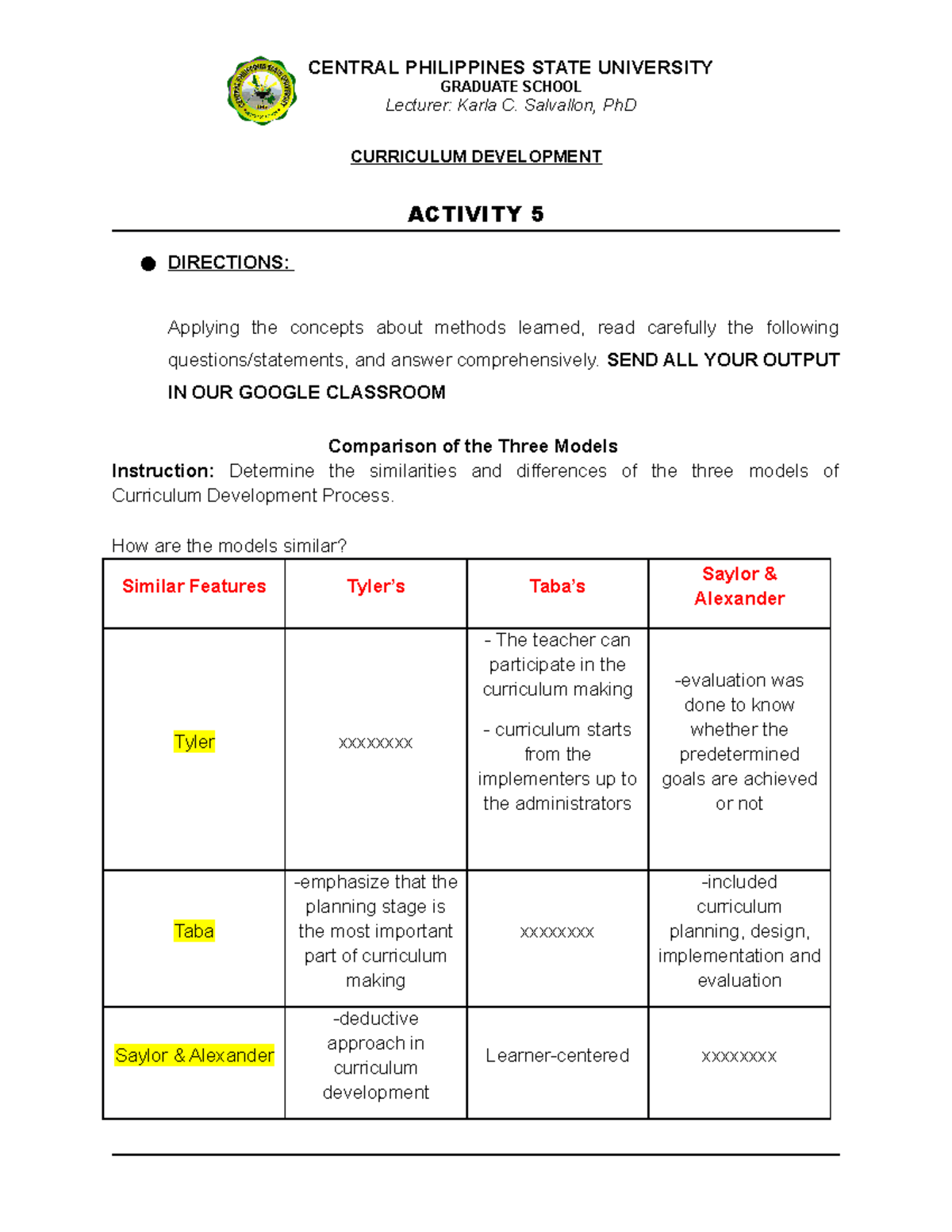 Activity 5 CUR DEV- Bagomboy DONE - GRADUATE SCHOOL Lecturer: Karla C ...