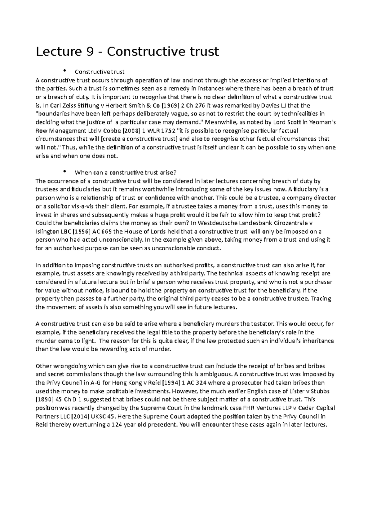 Lecture 9 - constructive trusts - Lecture 9 - Constructive trust ...