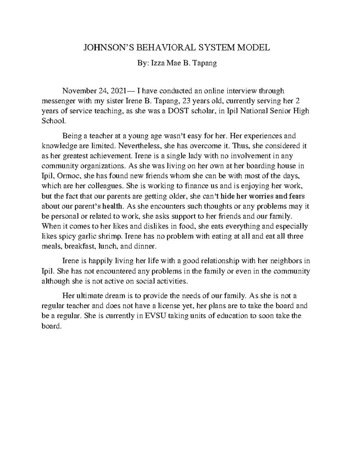 Tapang Activity ON Dorothy Johnson - JOHNSON’S BEHAVIORAL SYSTEM MODEL ...