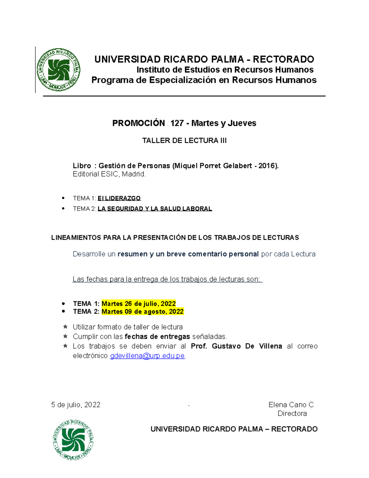 Taller 127 Mar-Jue - m ljnn´pn´ k} - UNIVERSIDAD RICARDO PALMA ...