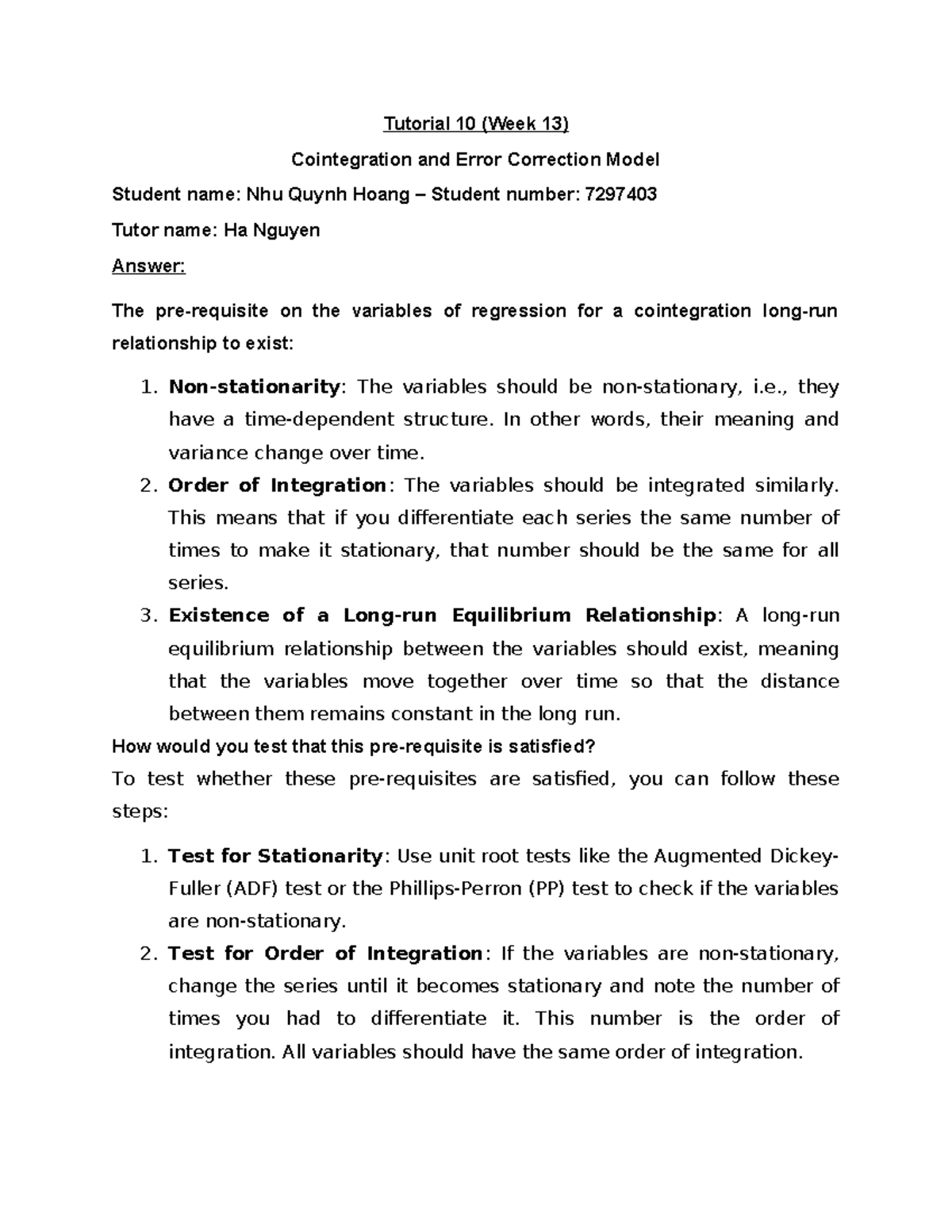 Tutorial solution - tut 10 - Tutorial 10 (Week 13) Cointegration and Error Correction Model ...