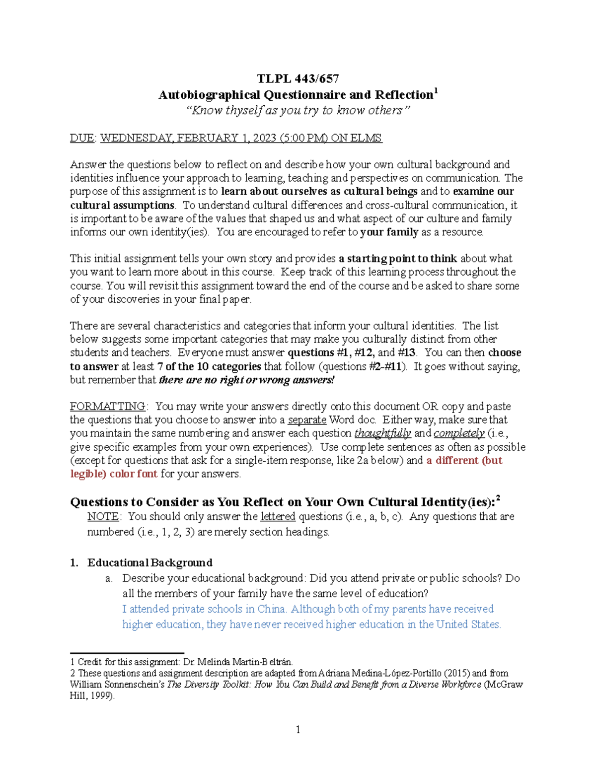 TLPL 443-657 Autobiographical Questionnaire & Reflection - The purpose ...