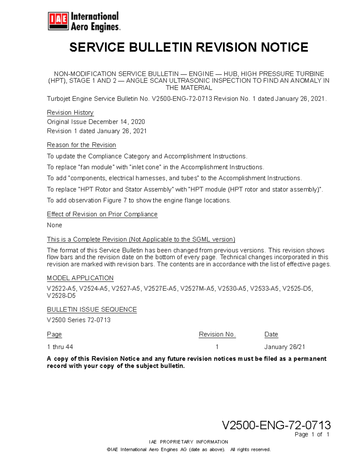 FAA-2021-0835-0005 attachment 2 - SERVICE BULLETIN REVISION NOTICE NON ...
