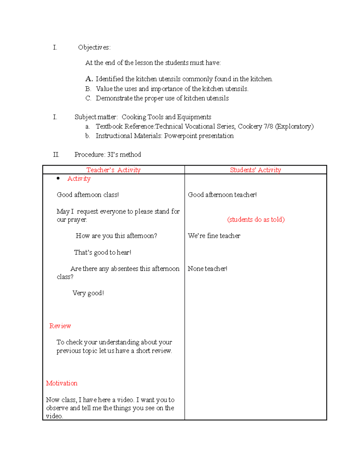 Lp-demo - lesson plan - I. Objectives: At the end of the lesson the ...
