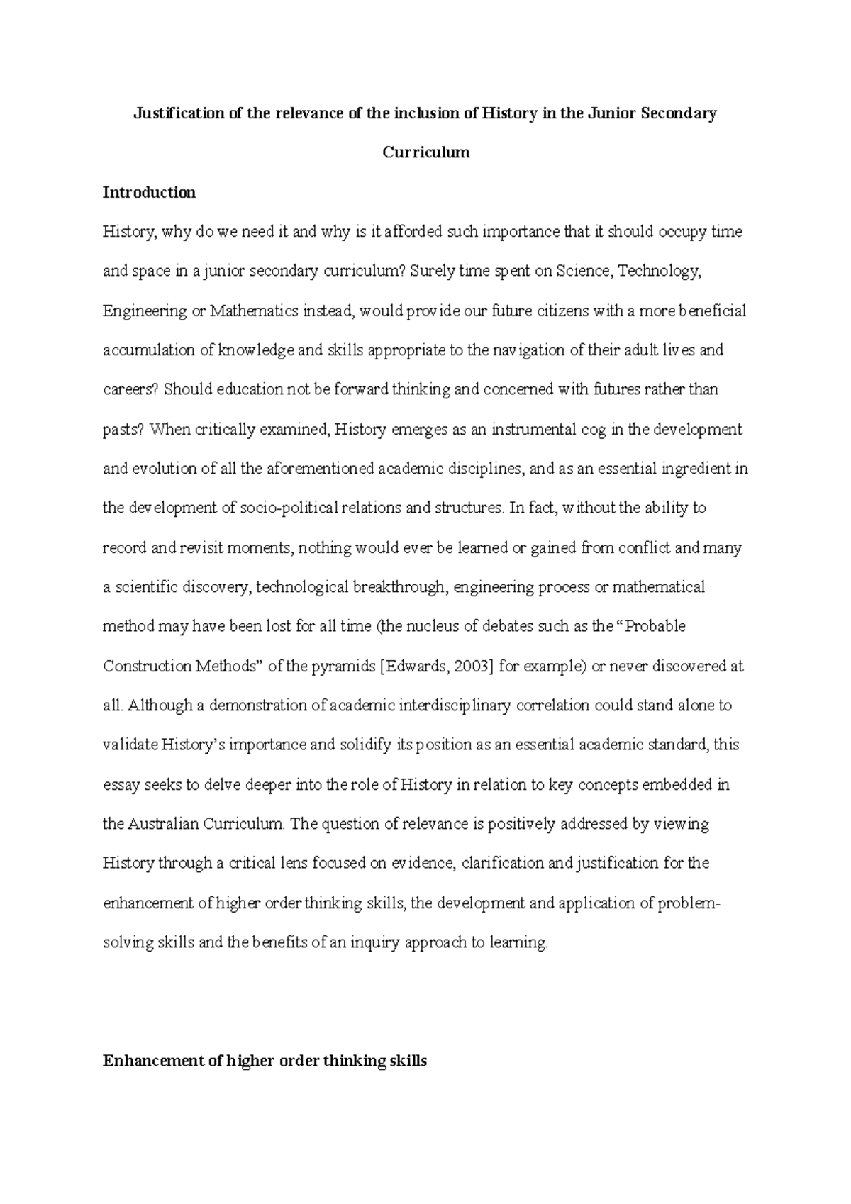 Justification of the relevance of the inclusion of History in the ...